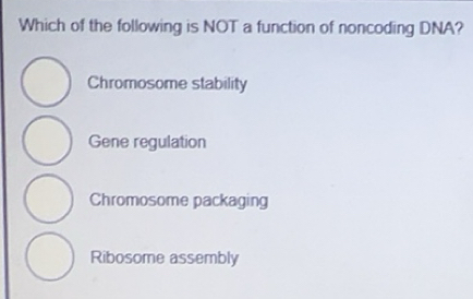 Solved: Which of the following is NOT a function of noncoding DNA? Chromosome stability Gene ...