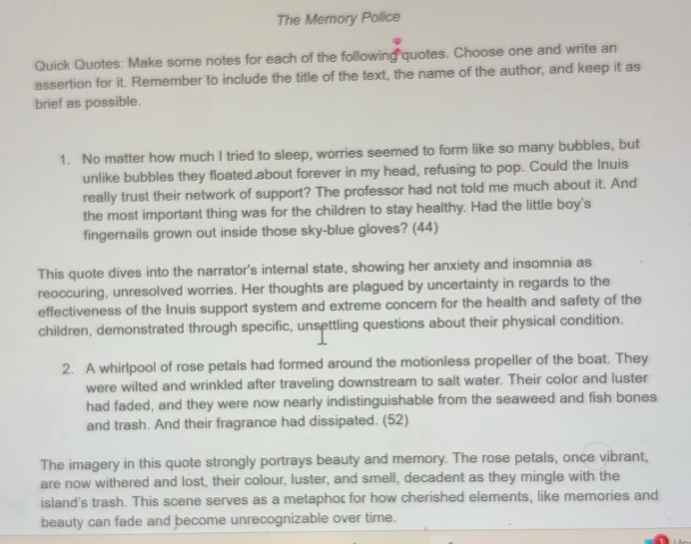 Solved: The Memory Police Quick Quotes: Make some notes for each of the ...