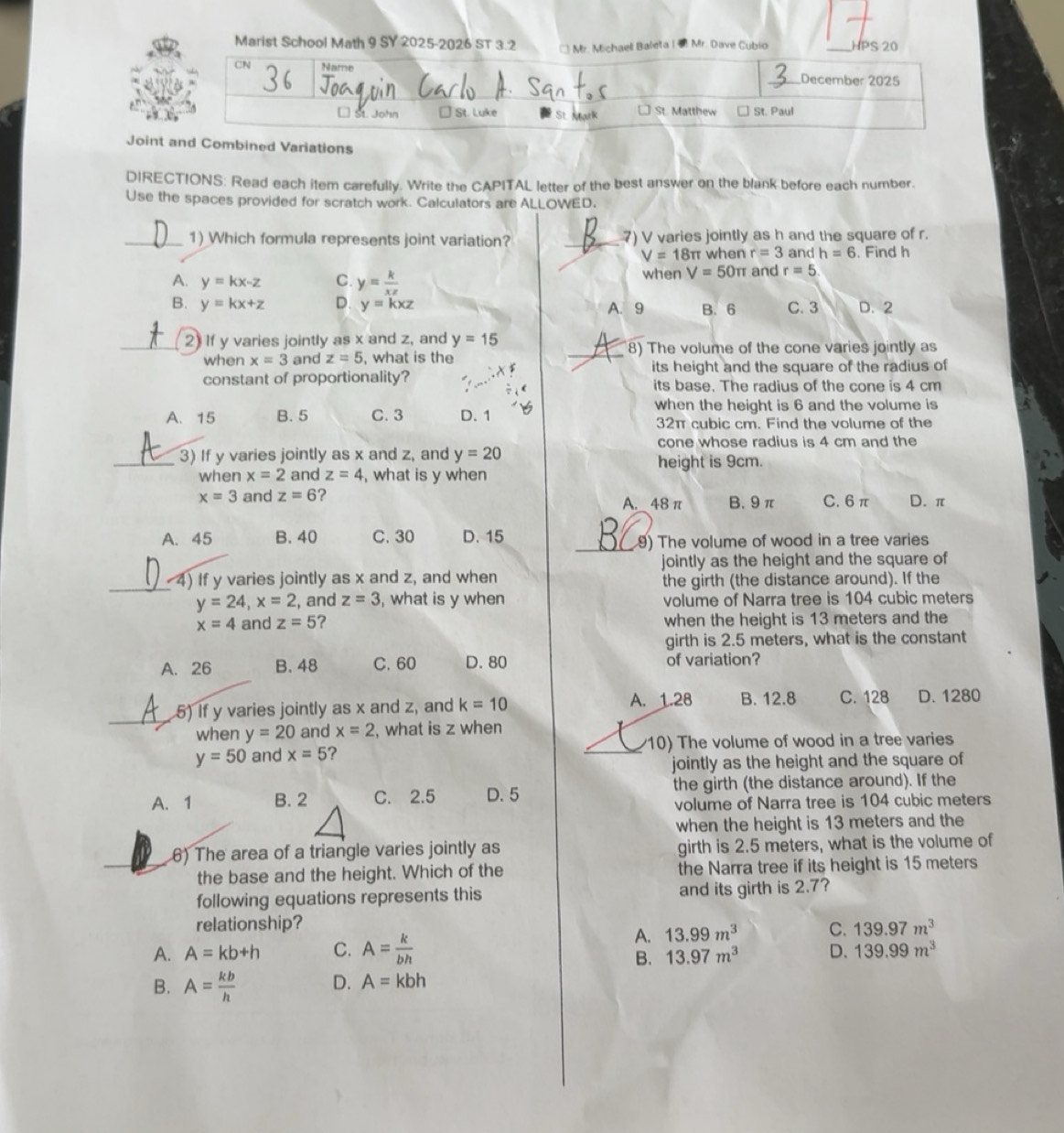 Solved: Marist School Math 9 SY 2025 Joined Variations DIRECTIONS: Read ...