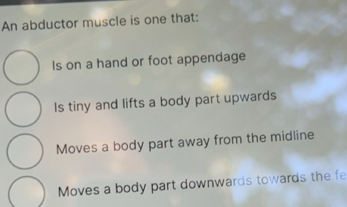 Solved: An abductor muscle is one that: Is on a hand or foot appendage ...