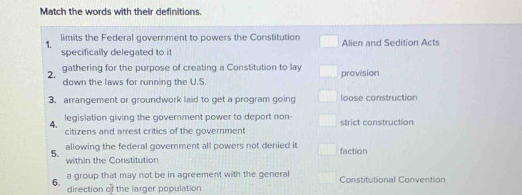 Solved: Match the words with their definitions. 1. limits the Federal ...