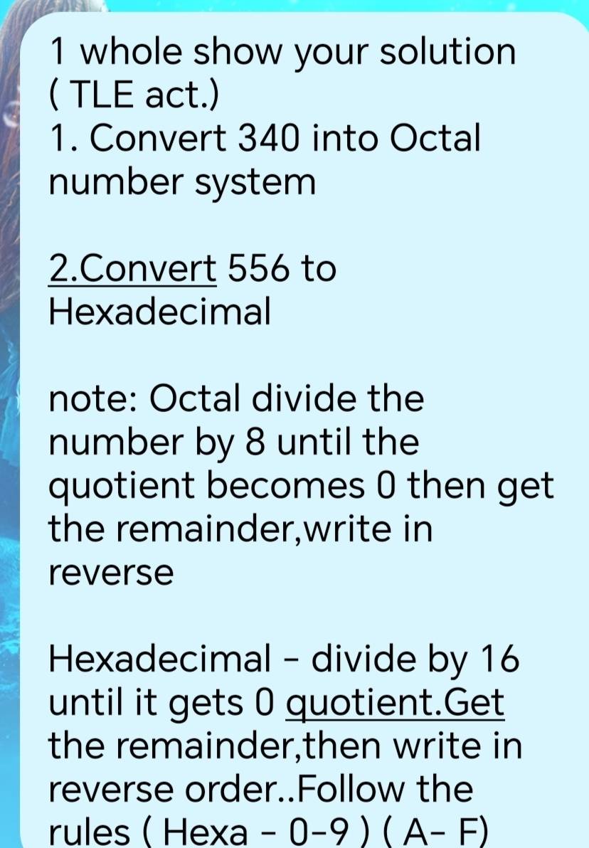 Solved: whole show your solution ( TLE act.) number system 2.Convert 556 to Hexadecimal note: [Math]