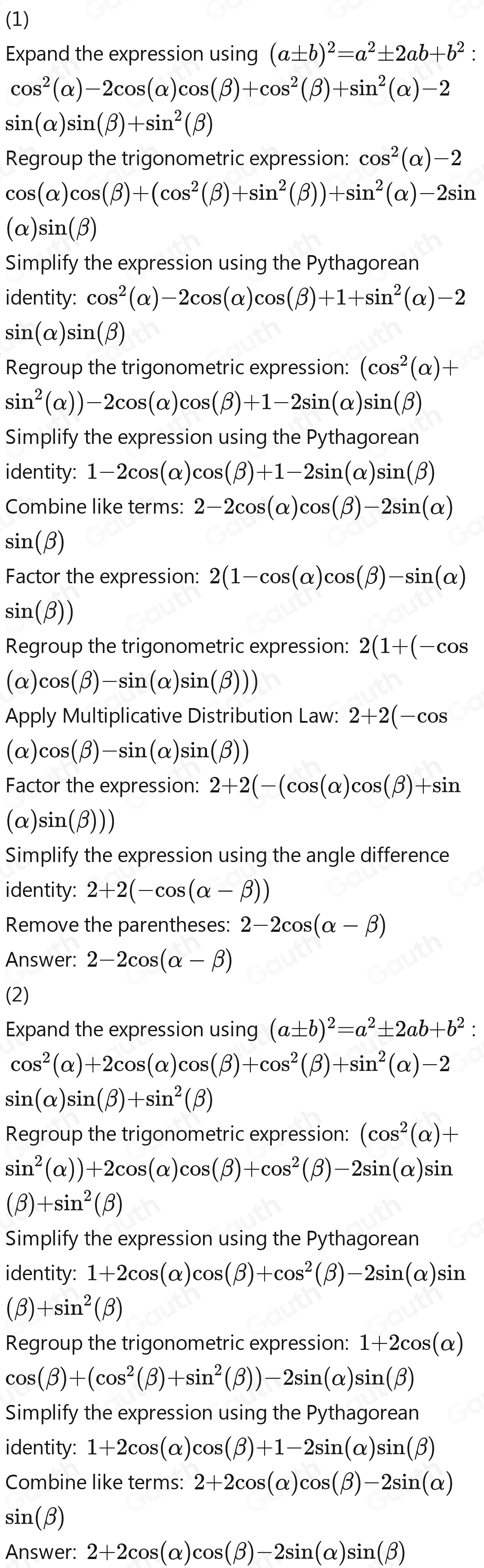 Solved: Prove that: (a) (cos alpha -cos beta )^2+(sin alpha -sin beta ...