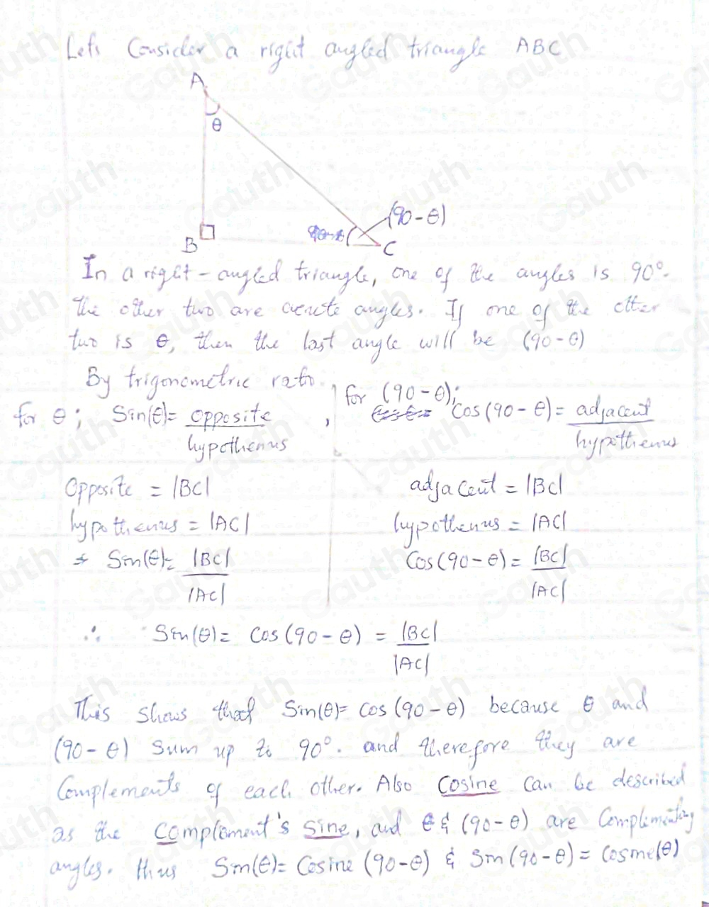 Solved: Explain why sin (θ )=cos (90-θ ). Draw a diagram if it will ...