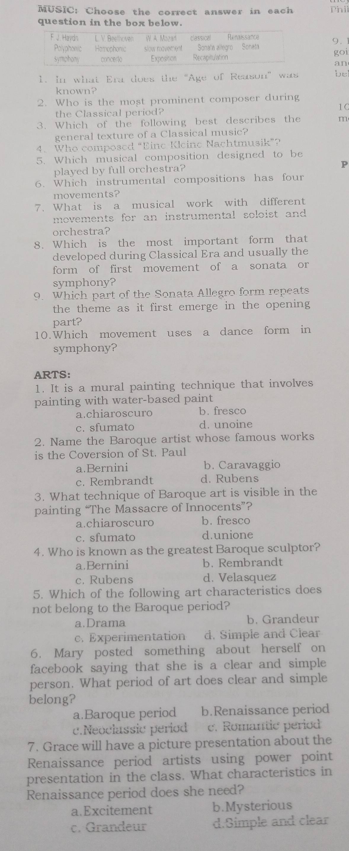 Solved: MUSIC: Choose the correct answer in each Phll question in the ...