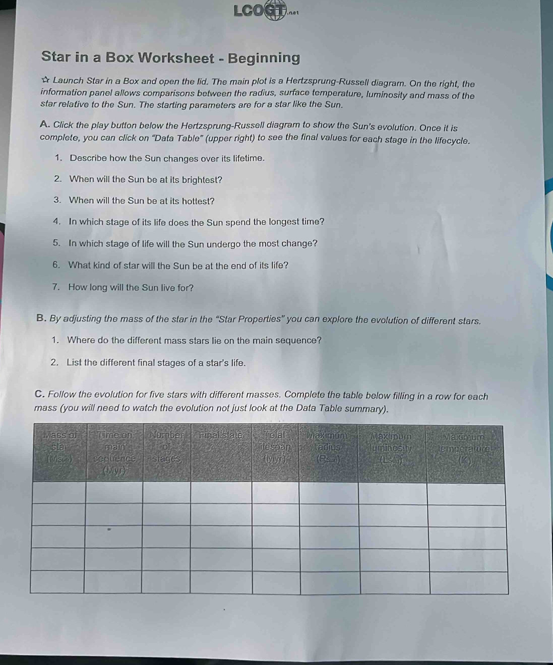 Solved: LCO GTnot Star in a Box Worksheet - Beginning ☆ Launch Star in ...