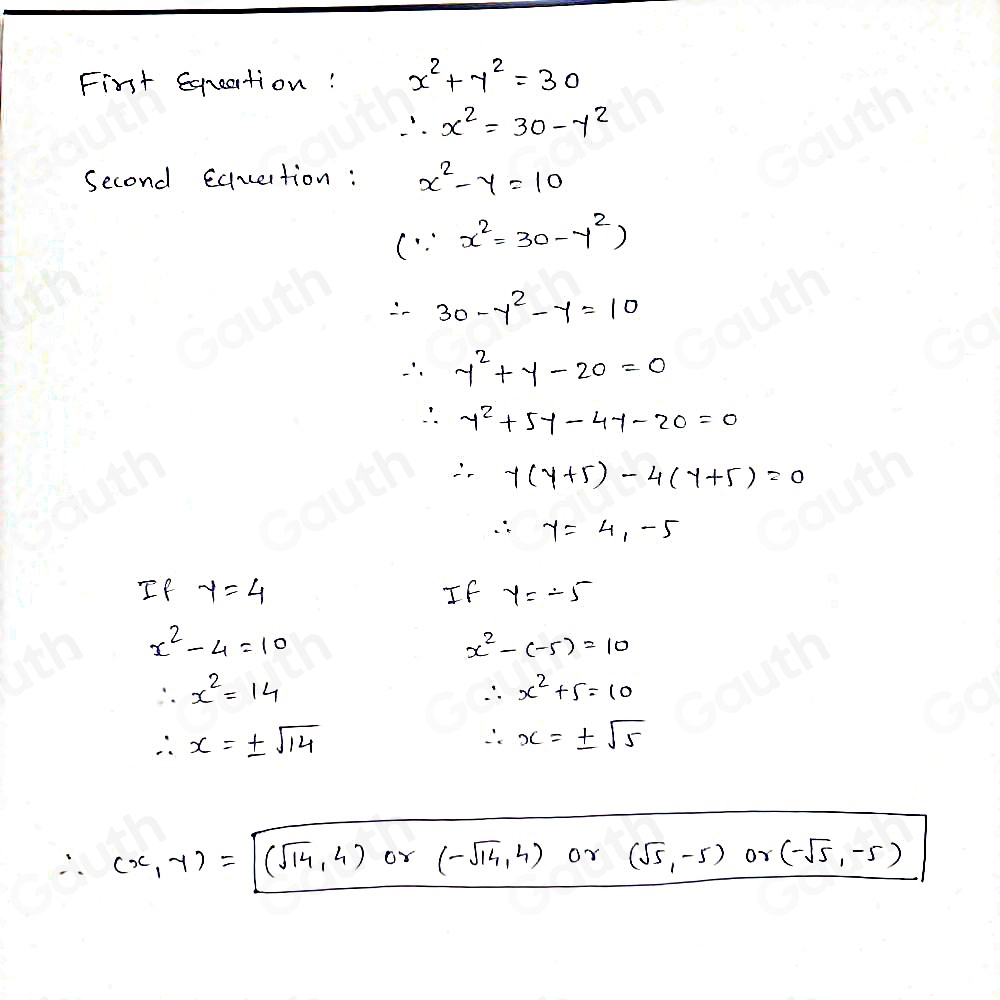 Solved: Solve the following system of equations. beginarrayl x^2+y^2=30 ...