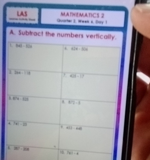 Solved: LAS MATHEMATICS 2 tael Quarter 2, Week 6, Day 1 A. Subtract the ...