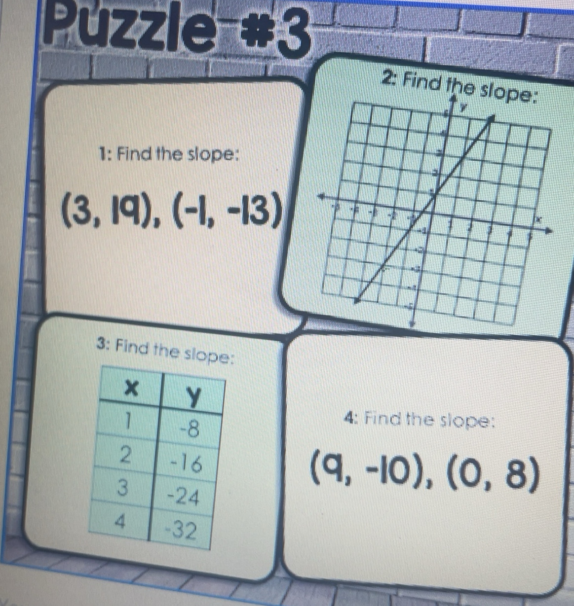 Solved: Puzzle #3 2: Find the 1: Find the slope: (3,19), (-1,-13) 3 ...