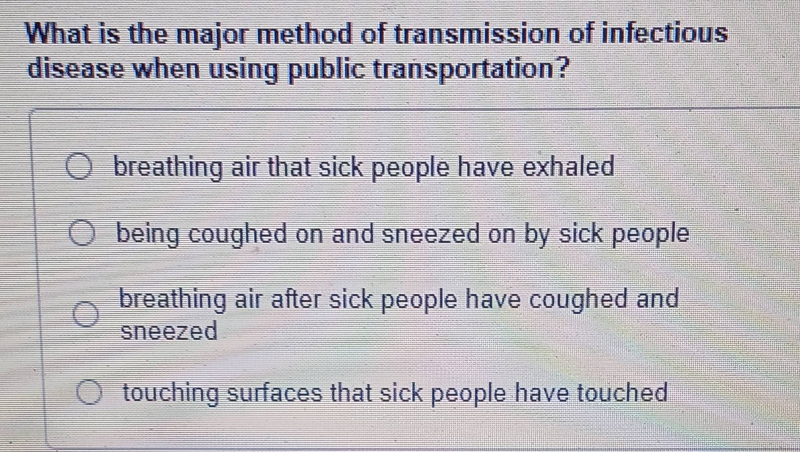 Solved: What is the major method of transmission of infectious disease ...