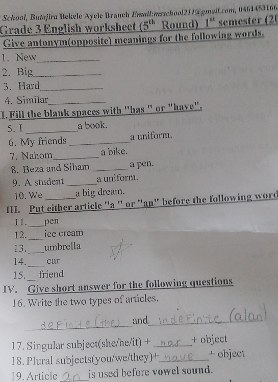 Solved: School, Butajira Bekele Ayele Branch Email:msschool211@gmail ...