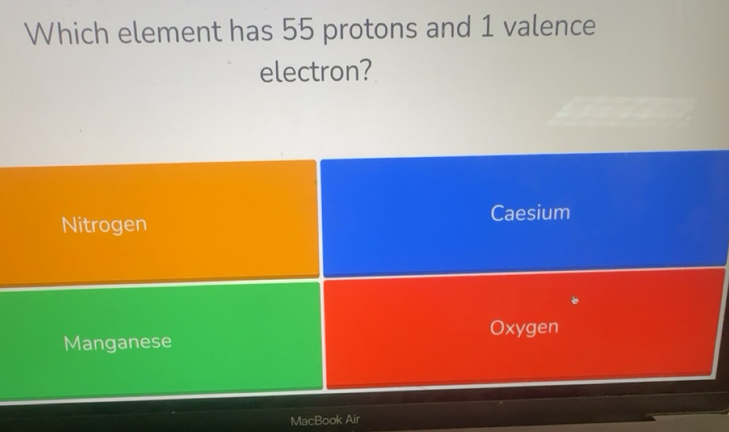 Solved: Which element has 55 protons and 1 valence electron? Nitrogen ...