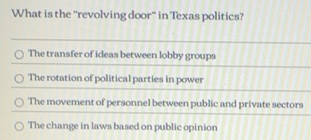Solved: What is the "revolving door" in Texas politics? The transfer of ...