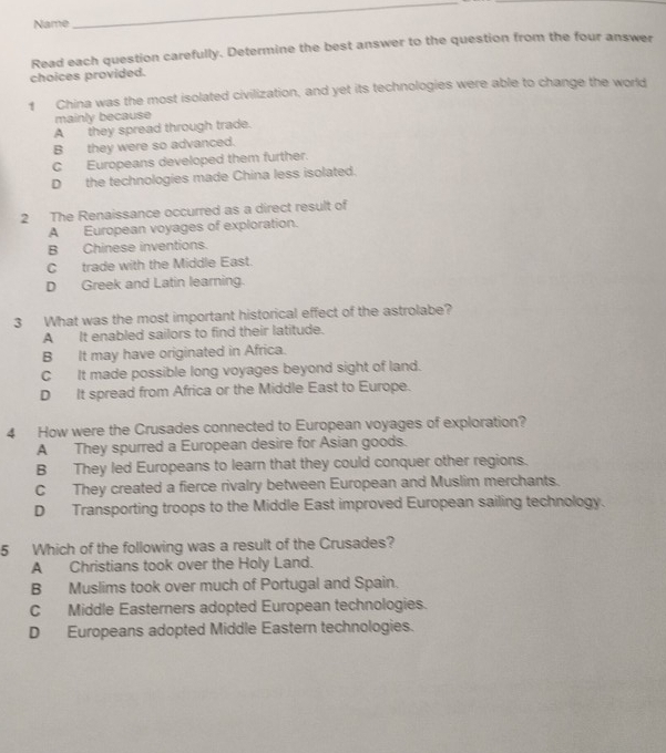 Solved: Name _ Read each question carefully. Determine the best answer ...
