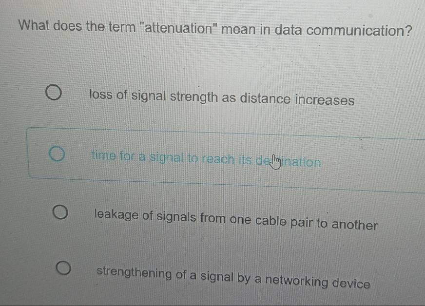 Solved: What does the term "attenuation" mean in data communication ...