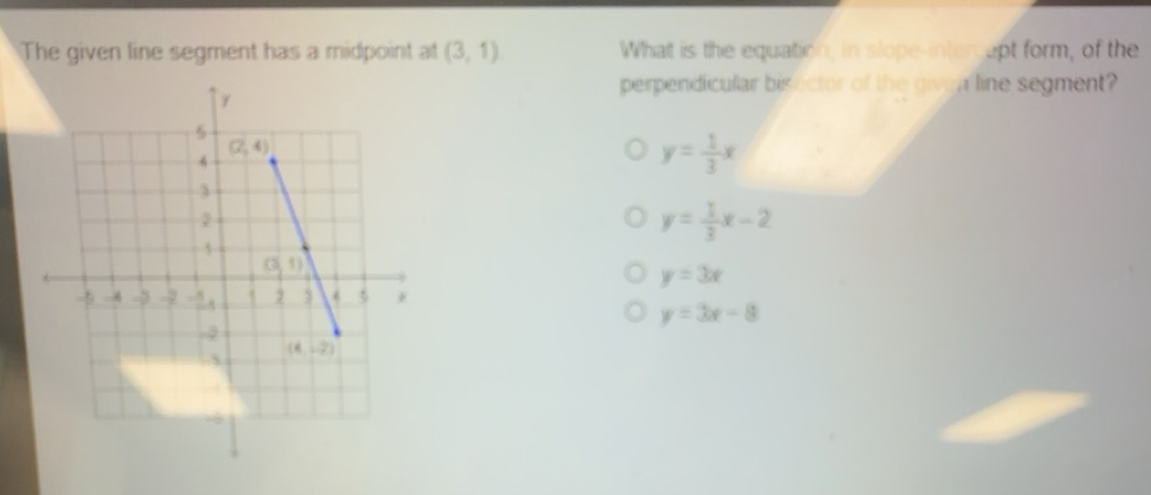 Solved: The given line segment has a midpoint at (3,1) What is the ...