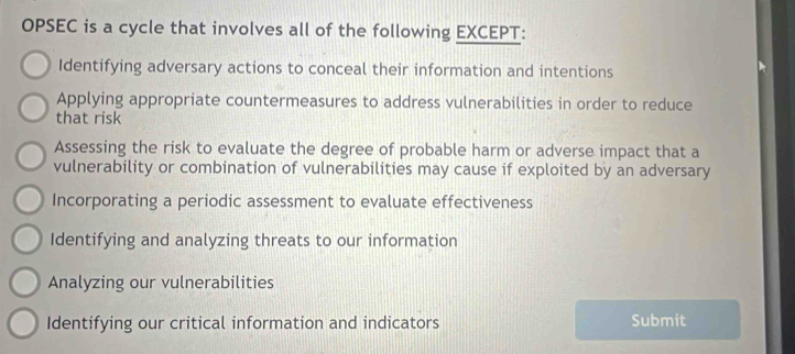 Solved: OPSEC is a cycle that involves all of the following EXCEPT ...