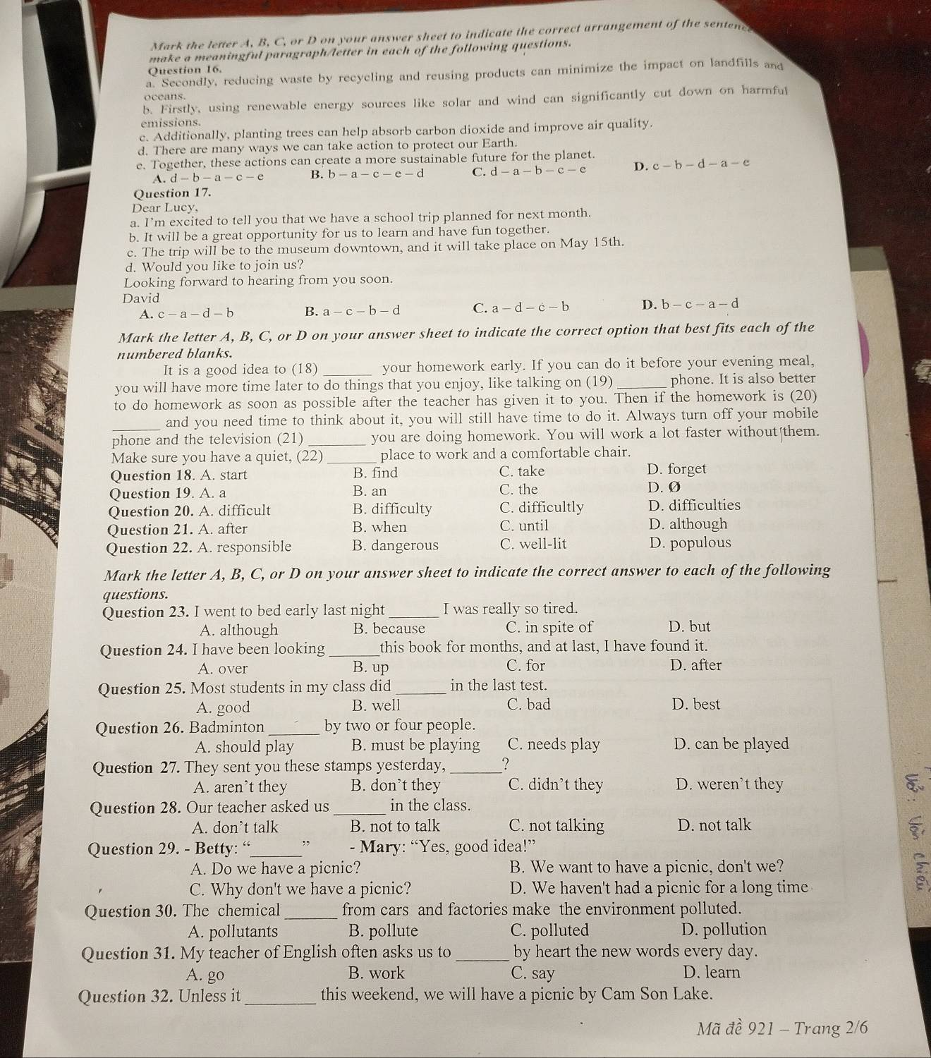 Giải quyết:Mark the letter A, B, C, or D on your answer sheet to ...