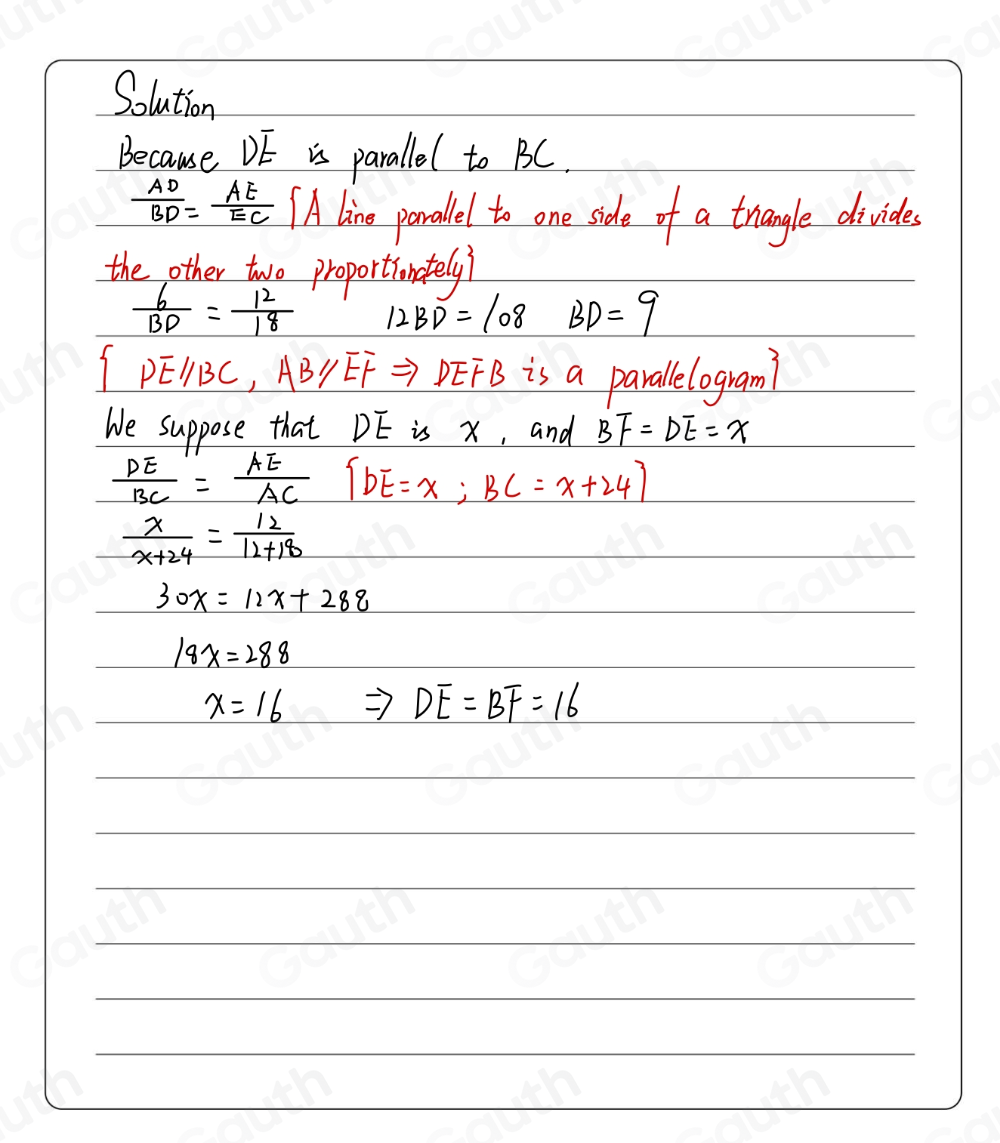 Solved: Theorem: A line parallel to one side of a triangle divides the other two proportionately ...