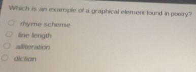 Gelöst:Which is an example of a graphical element found in poetry ...