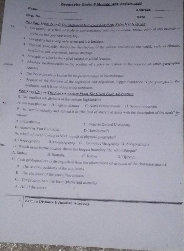 Résolu :Geography Grade 9 Module One Assignment _ Name Address_ _ Reg ...