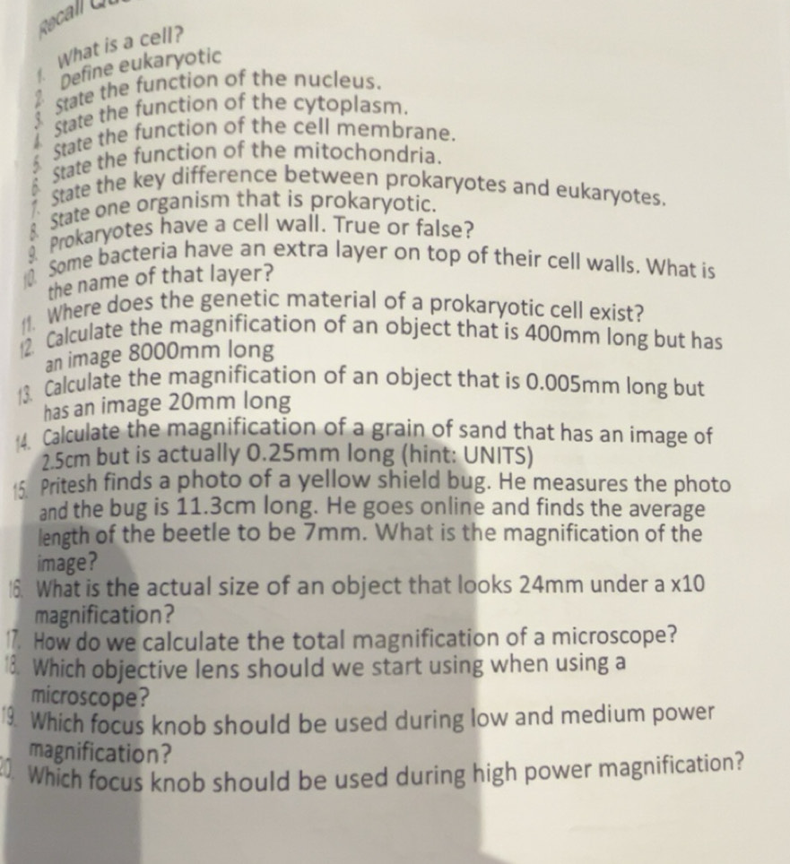 Gelöst:What is a cell? 2 Define eukaryotic State the function of the ...