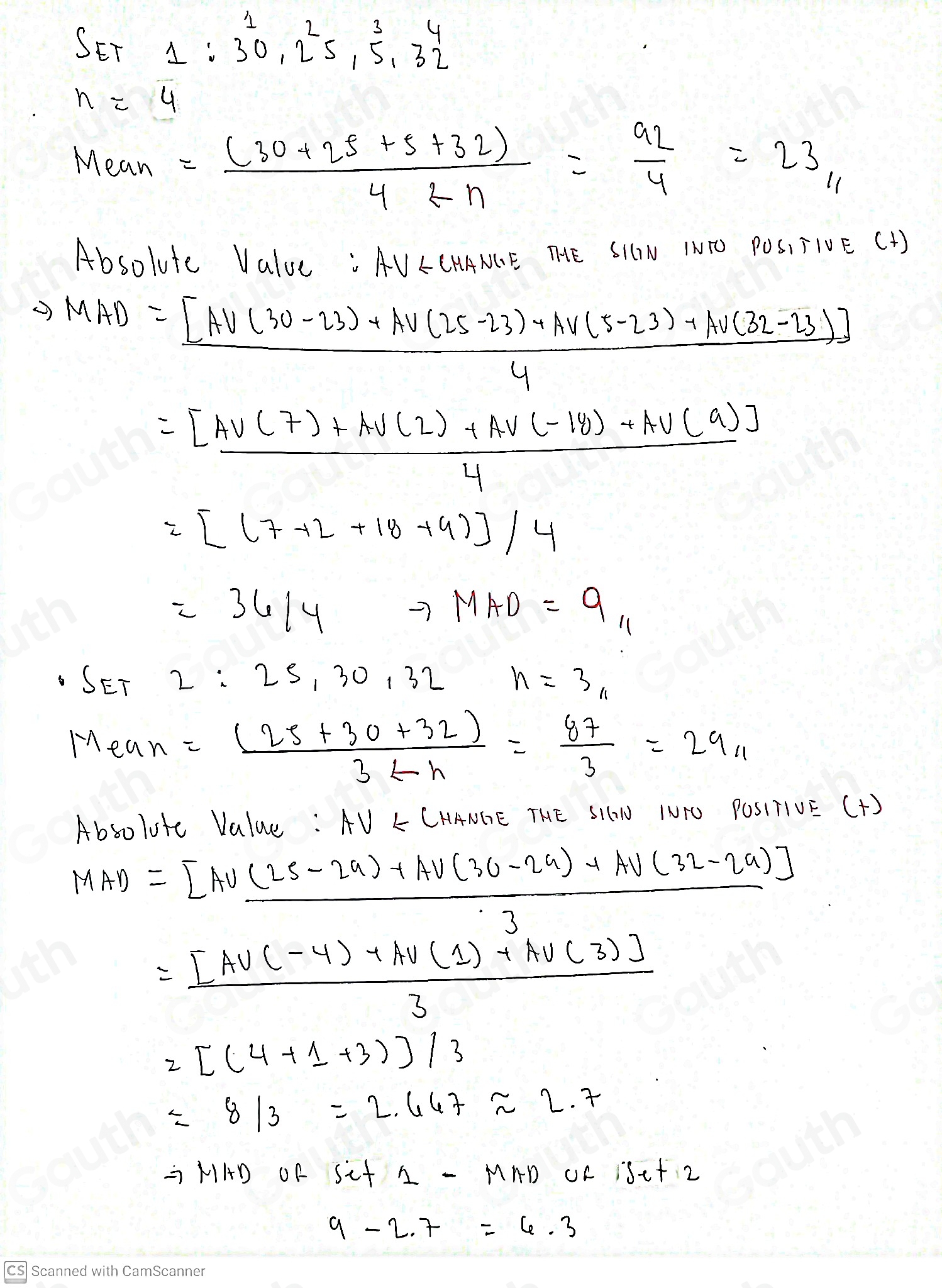 Solved: How does the mean absolute deviation (MAD) of the data in set 1 ...