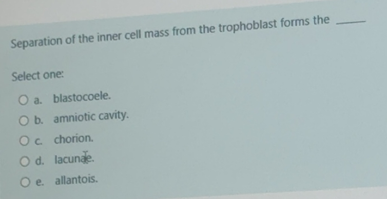 Solved: Separation of the inner cell mass from the trophoblast forms ...