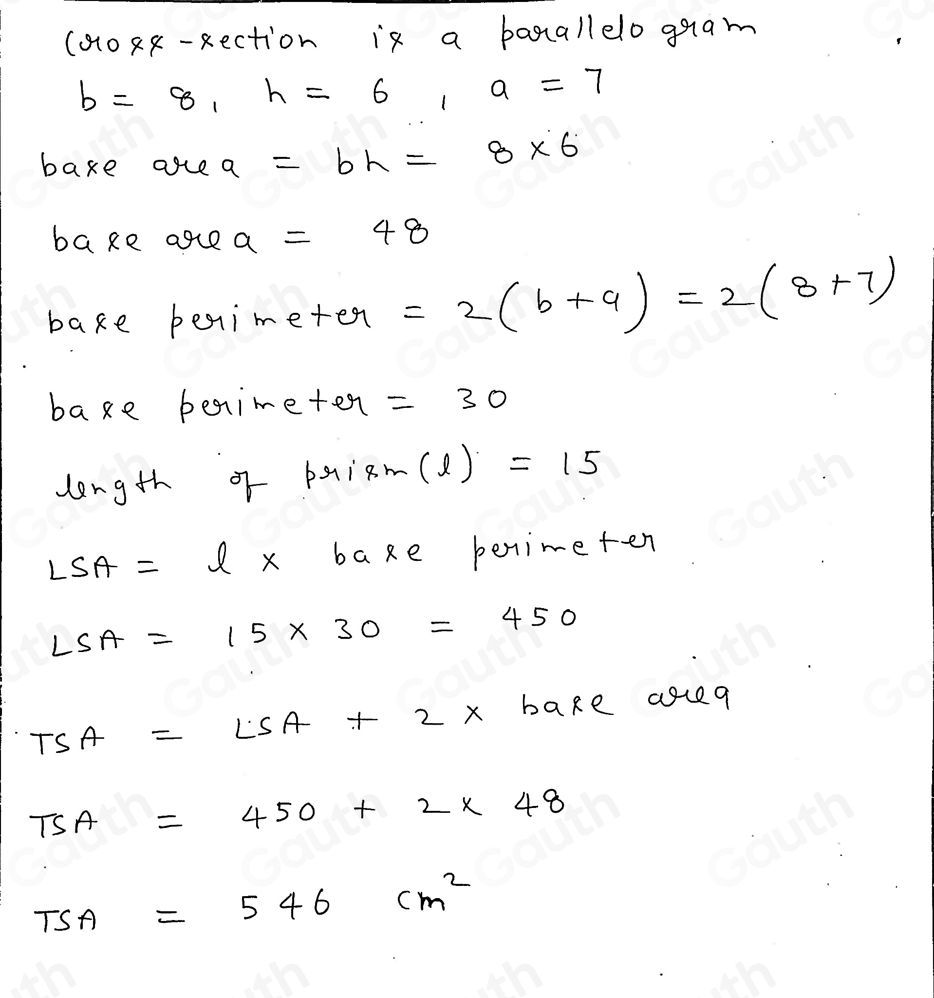 Solved: The prism below has a cross-section which is a parallelogram ...