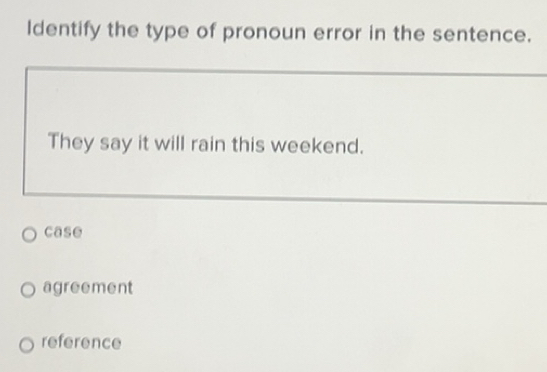 Solved: Identify the type of pronoun error in the sentence. They say it ...