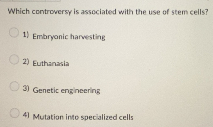 Solved: Which controversy is associated with the use of stem cells? 1 ...