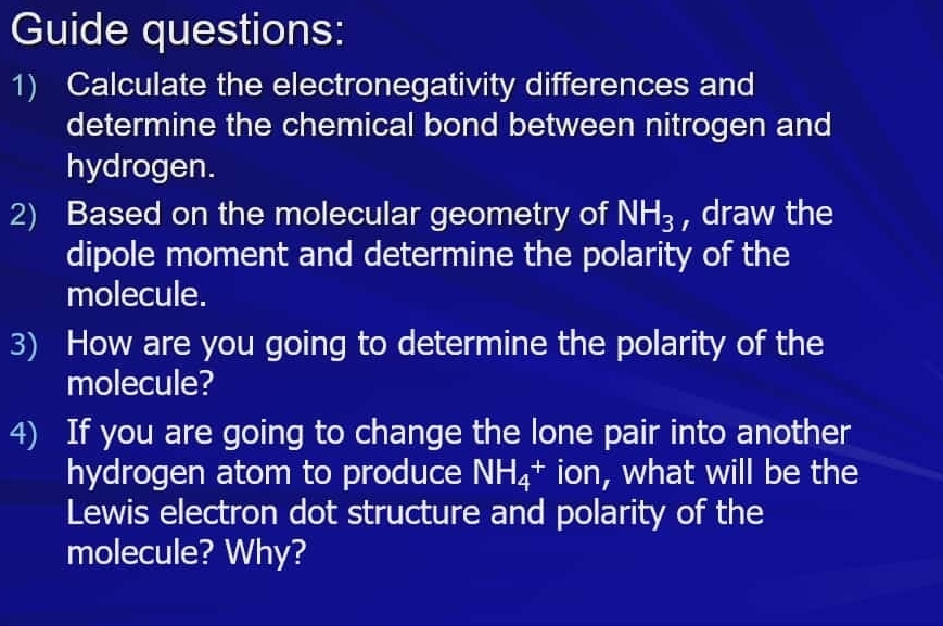 Solved: Guide questions: 1) Calculate the electronegativity differences ...