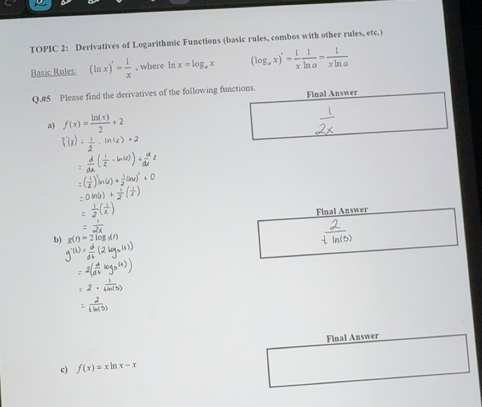 Solved: TOPIC 2: Derivatives of Logarithmic Functions (basic rules ...