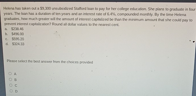 Solved: Helena has taken out a $9,300 unsubsidized Stafford loan to pay ...