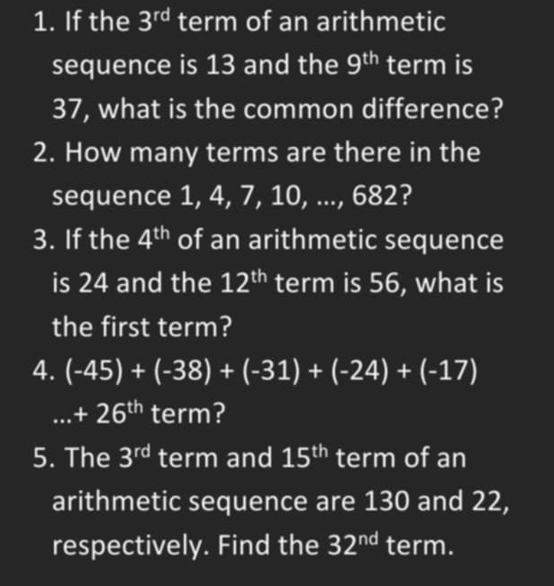 Solved: If the 3^(rd) term of an arithmetic sequence is 13 and the 9^(th) term is 37, what is ...