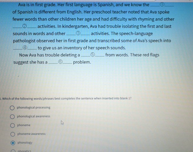 Solved: Ava is in first grade. Her first language is Spanish, and we ...