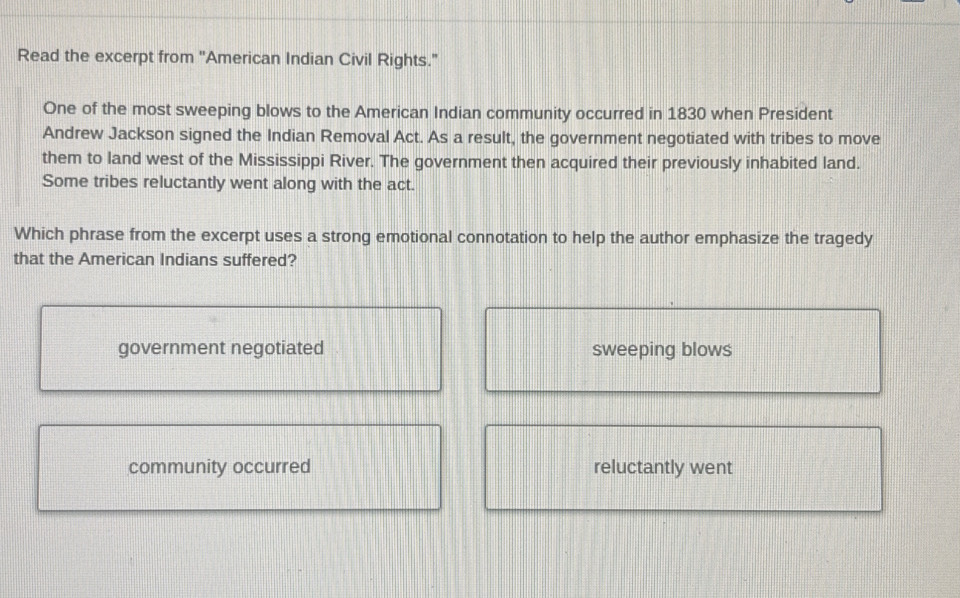 Solved: Read the excerpt from "American Indian Civil Rights." One of ...