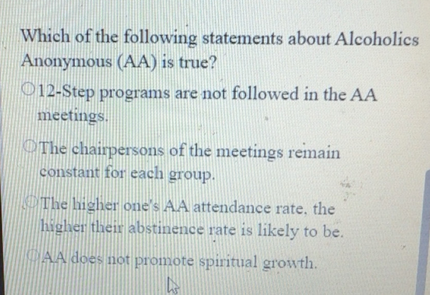 Solved: Which of the following statements about Alcoholics Anonymous ...