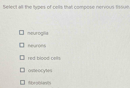 Solved: Select all the types of cells that compose nervous tissue neuroglia neurons red blood ...