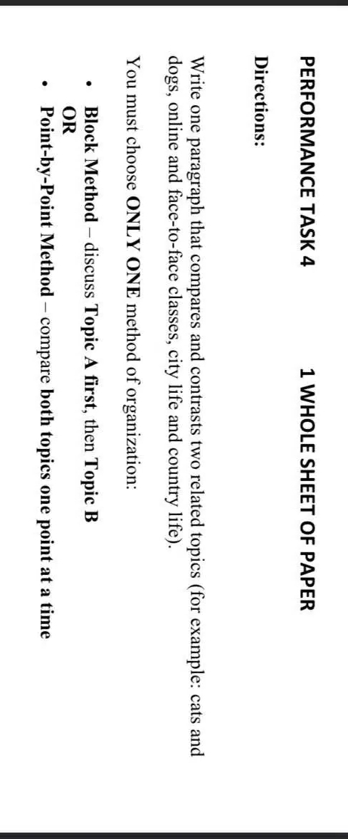 Solved: PERFORMANCE TASK 4 1 WHOLE SHEET OF PAPER Directions: Write one ...