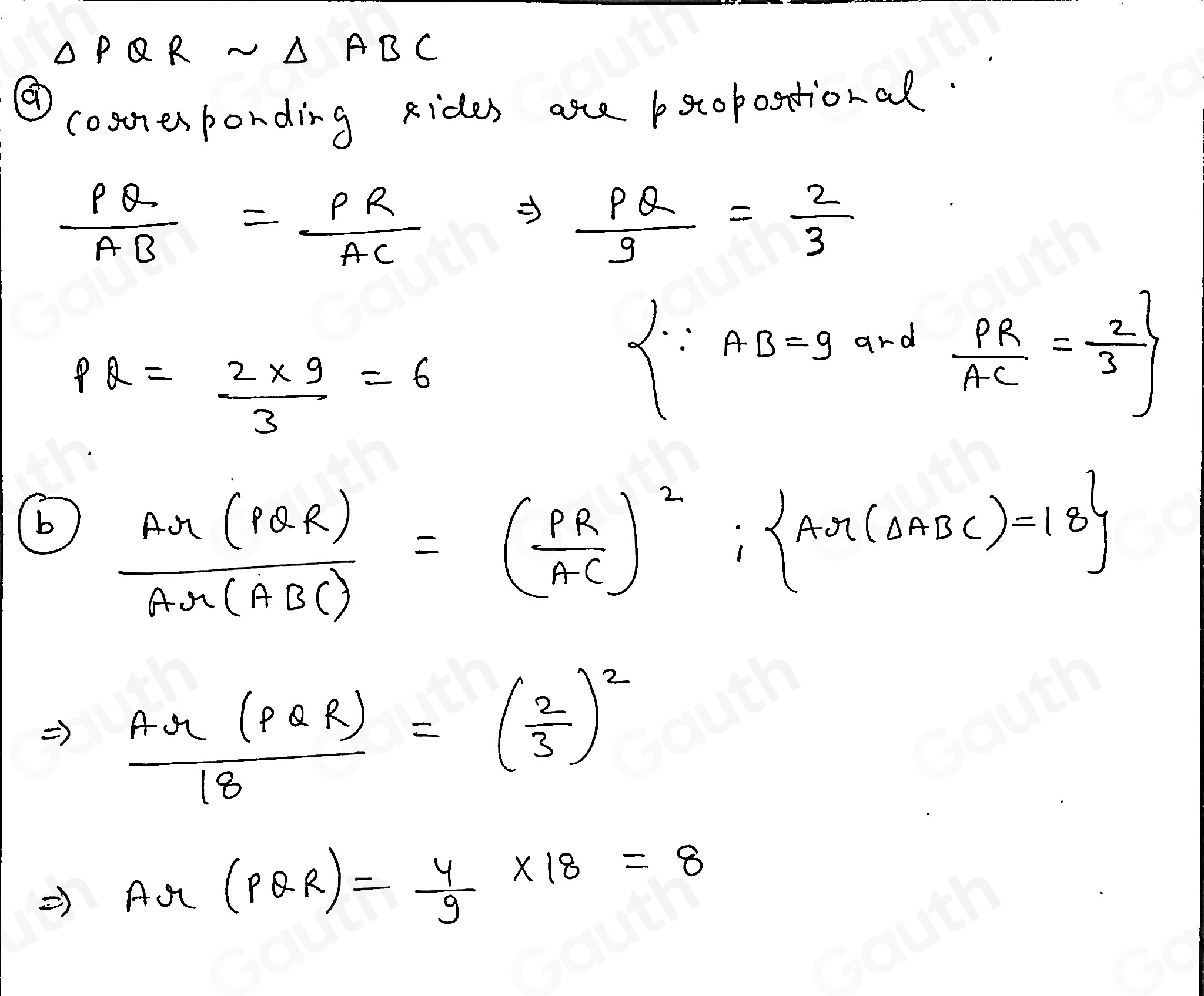 Solved: Triangle PQR is similar to triangle ABC with PR/AC = 2/3 . AB ...