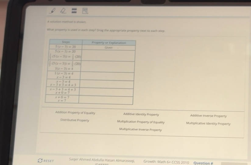 Gelöst:A solution methad is shown. What property is used in each step ...