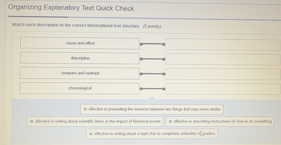 Solved: Organizing Explanatory Text Quick Check Match each description to the correct ...