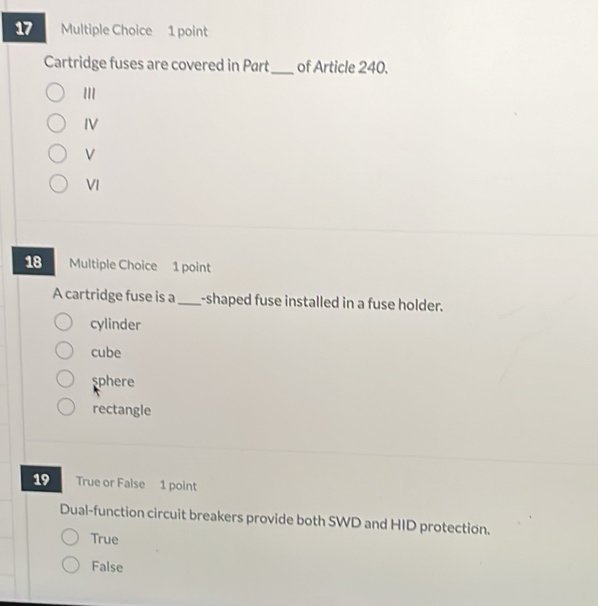 Solved: Cartridge fuses are covered in Part_ of Article 240. IV V VI 18 ...