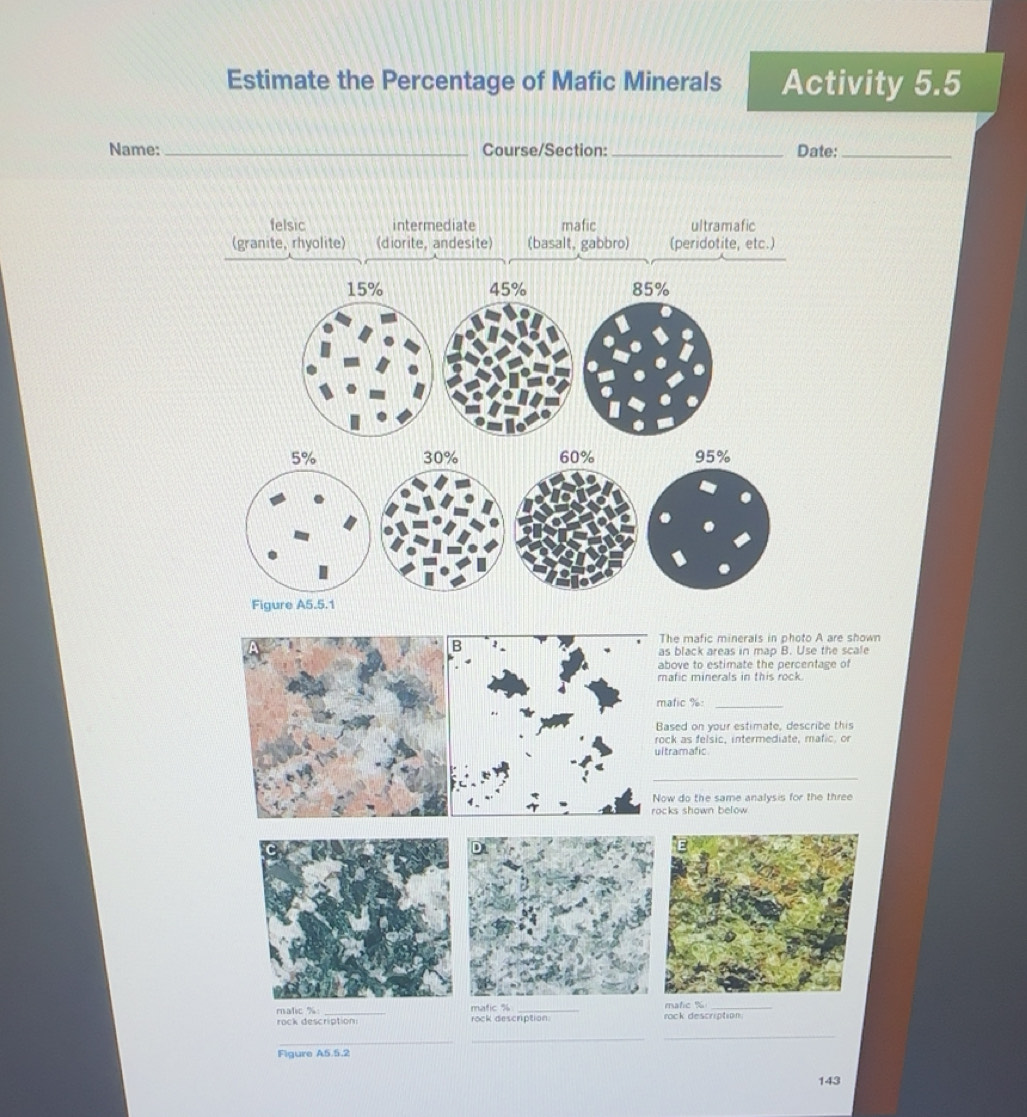 Solved: Estimate the Percentage of Mafic Minerals Activity 5.5 Name ...