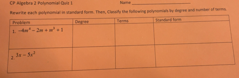 Solved: CP Algebra 2 Polynomial Quiz 1 Name_ Rewrite each polynomial in ...