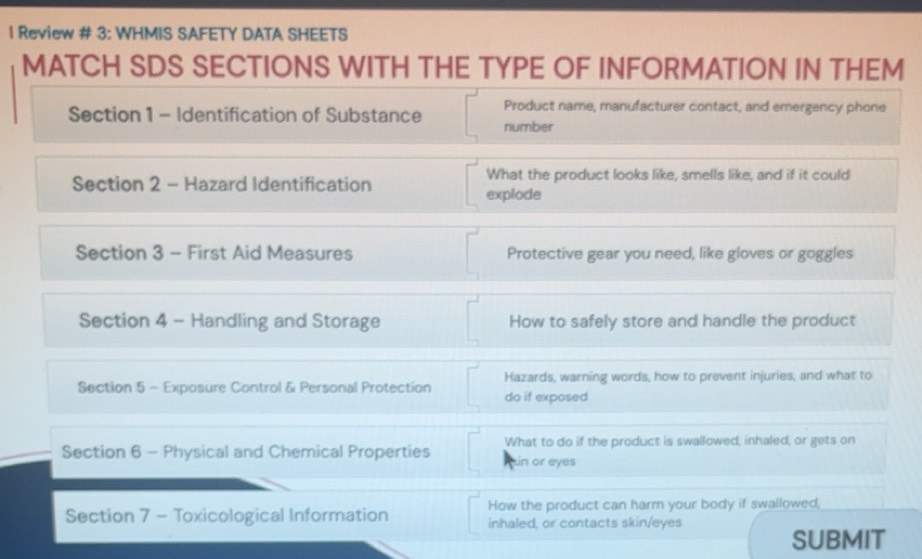 Solved: Review # 3: WHMIS SAFETY DATA SHEETS MATCH SDS SECTIONS WITH ...