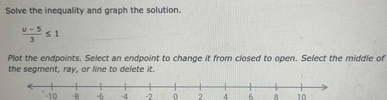 Solved: Solve the inequality and graph the solution. (u-5)/3 ≤ 1 Plot ...