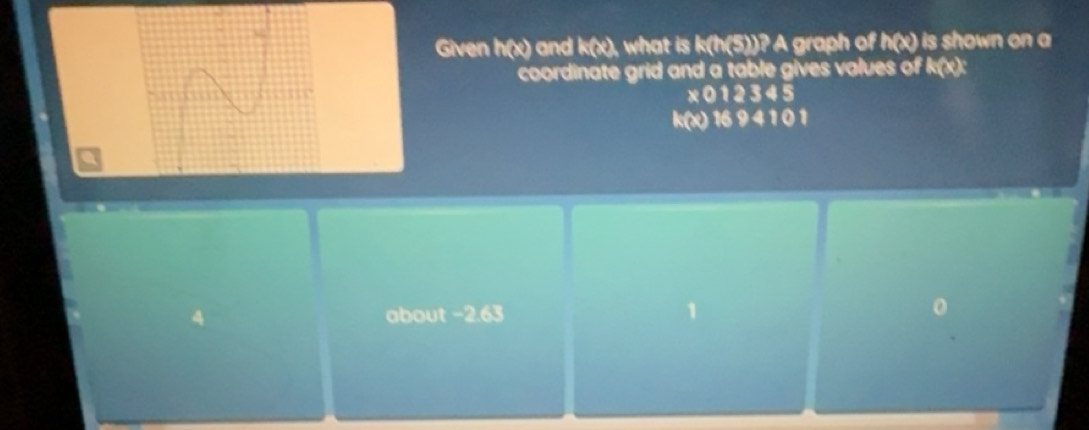 Solved: Given h(x) and k(x), what is k(h(5))? A graph of h(x) is shown ...