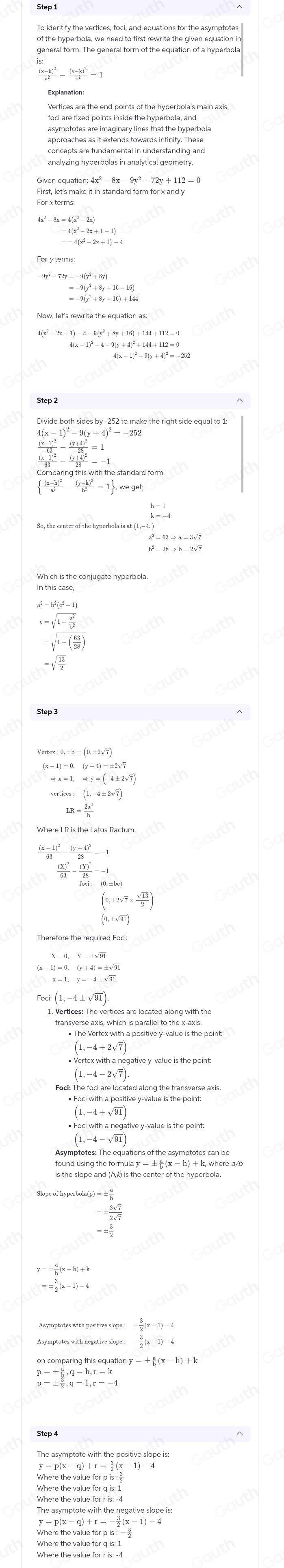 Solved: Identify the vertices, foci and equations for the asymptotes of ...